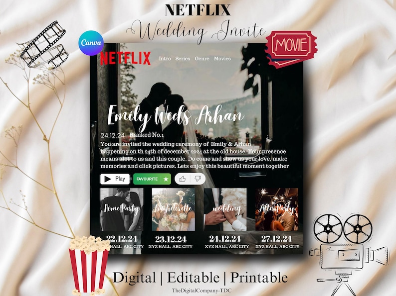 NETFLIX Theme Wedding Invitation, Editable Canva Template,wedding ...