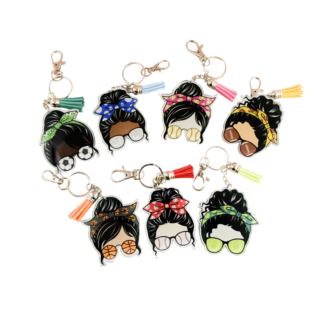 Personalized Sports Acrylic Keychains, Sports Bun Mom, Sports Headband ...