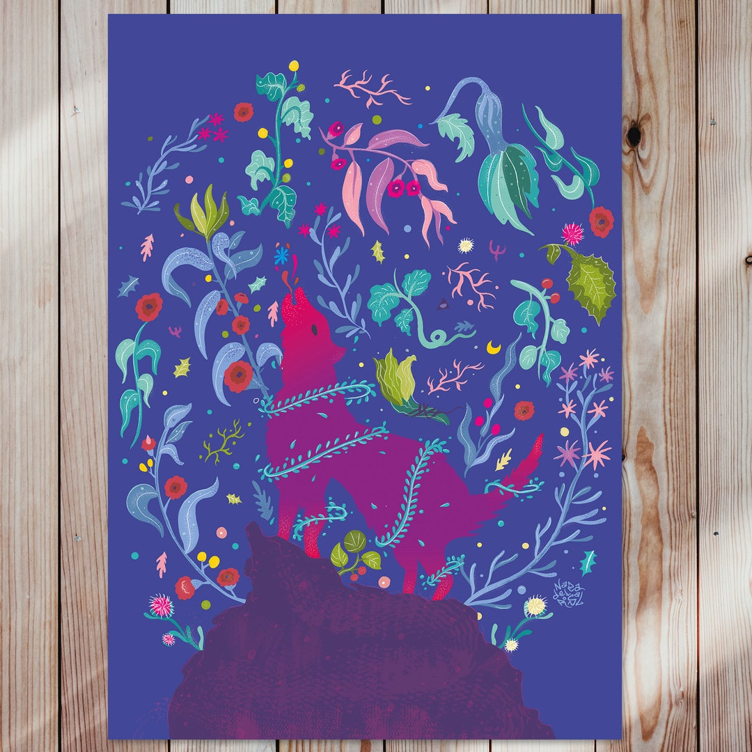 Breathe | Wolf at Night With Rare Plants | Flowers Illustration ...