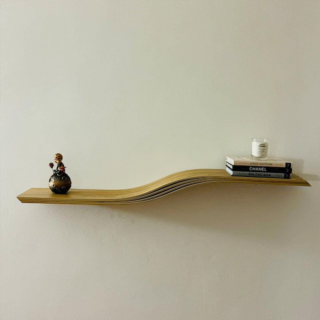 Floating Wall Book Shelf, Oak Wood Shelves, Wall Shelf Curved, Wooden ...