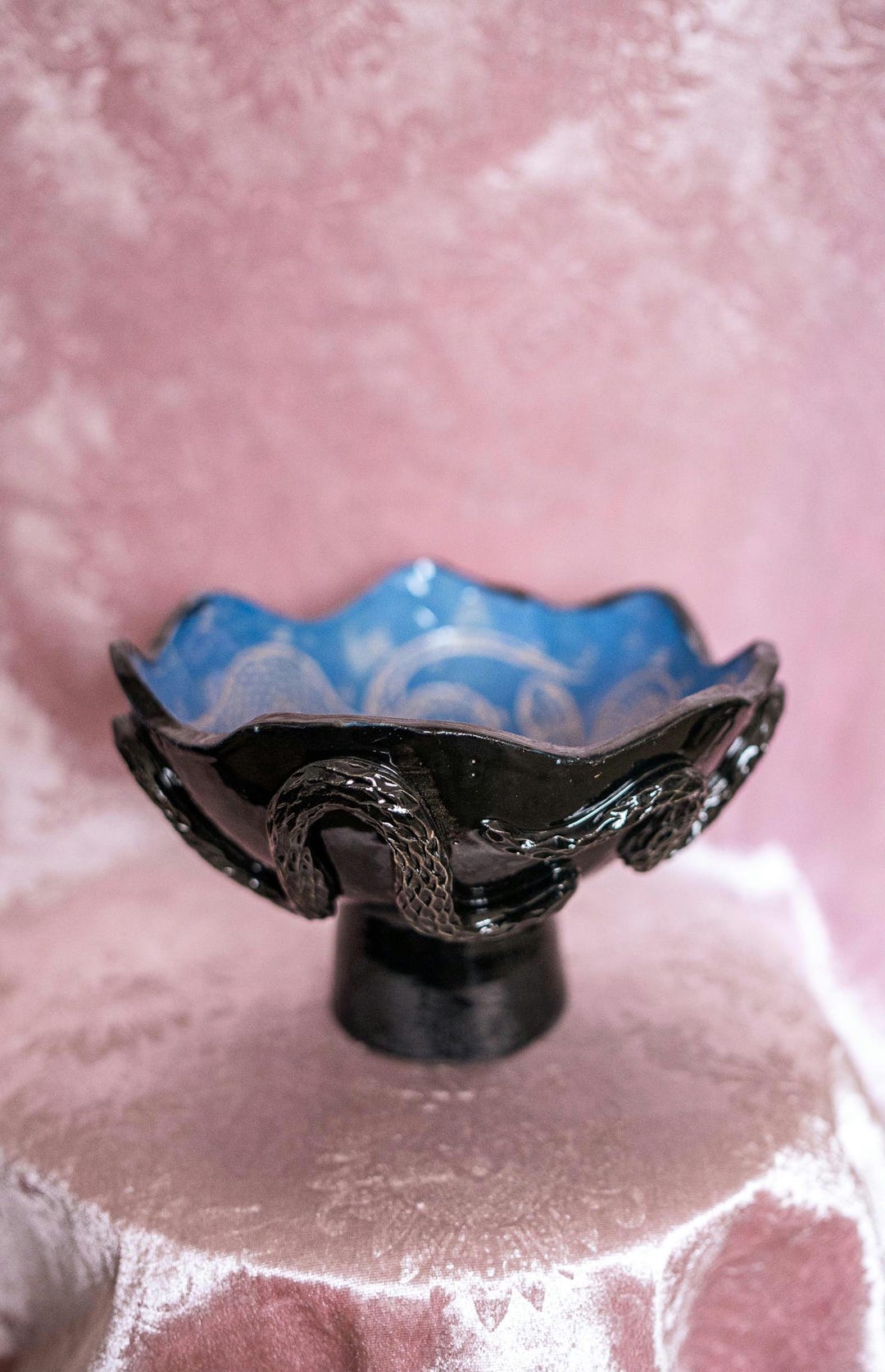 Handmade Snake-themed Pedestal Bowl – Black Glaze With Blue Sgraffito ...