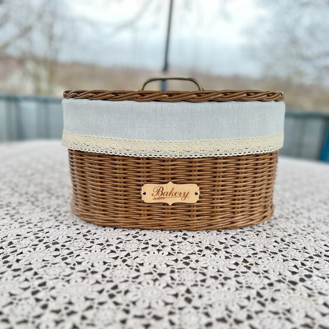 Farmhouse Bread Box, Wicker Basket Box With Linen Bag, Bread Box for ...