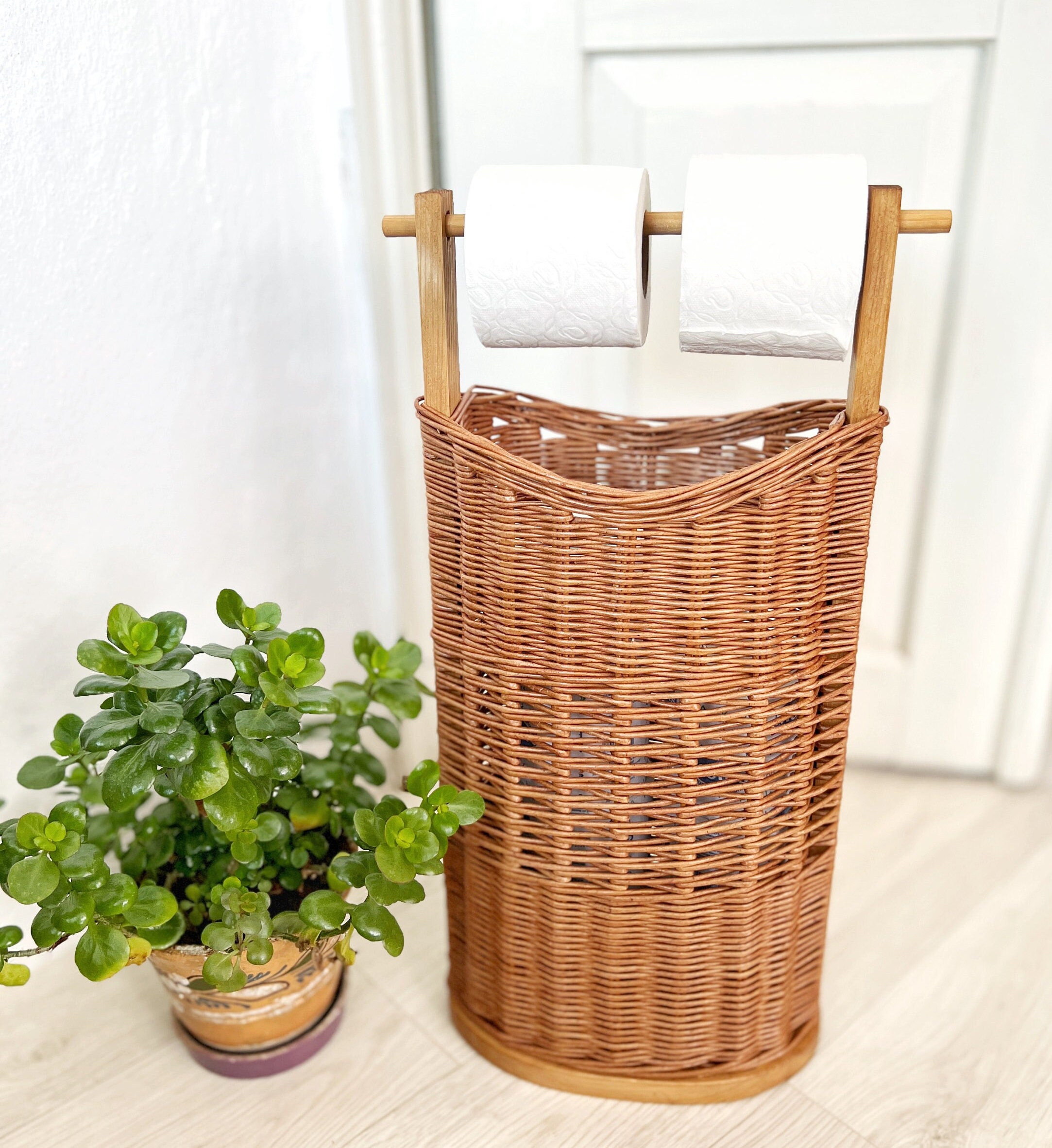 Wicker Toilet Paper Holder, Free Standing Bathroom Basket, Toilet ...