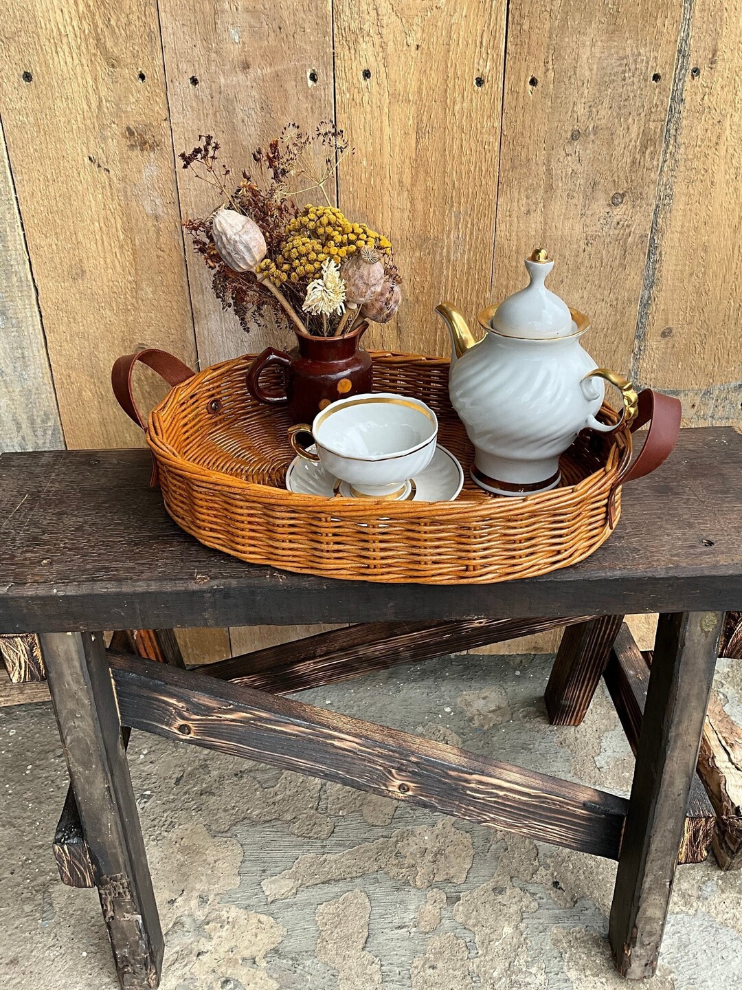 Wicker Oval Tray With Leather Handles, Basket Serving Breakfast Tray ...