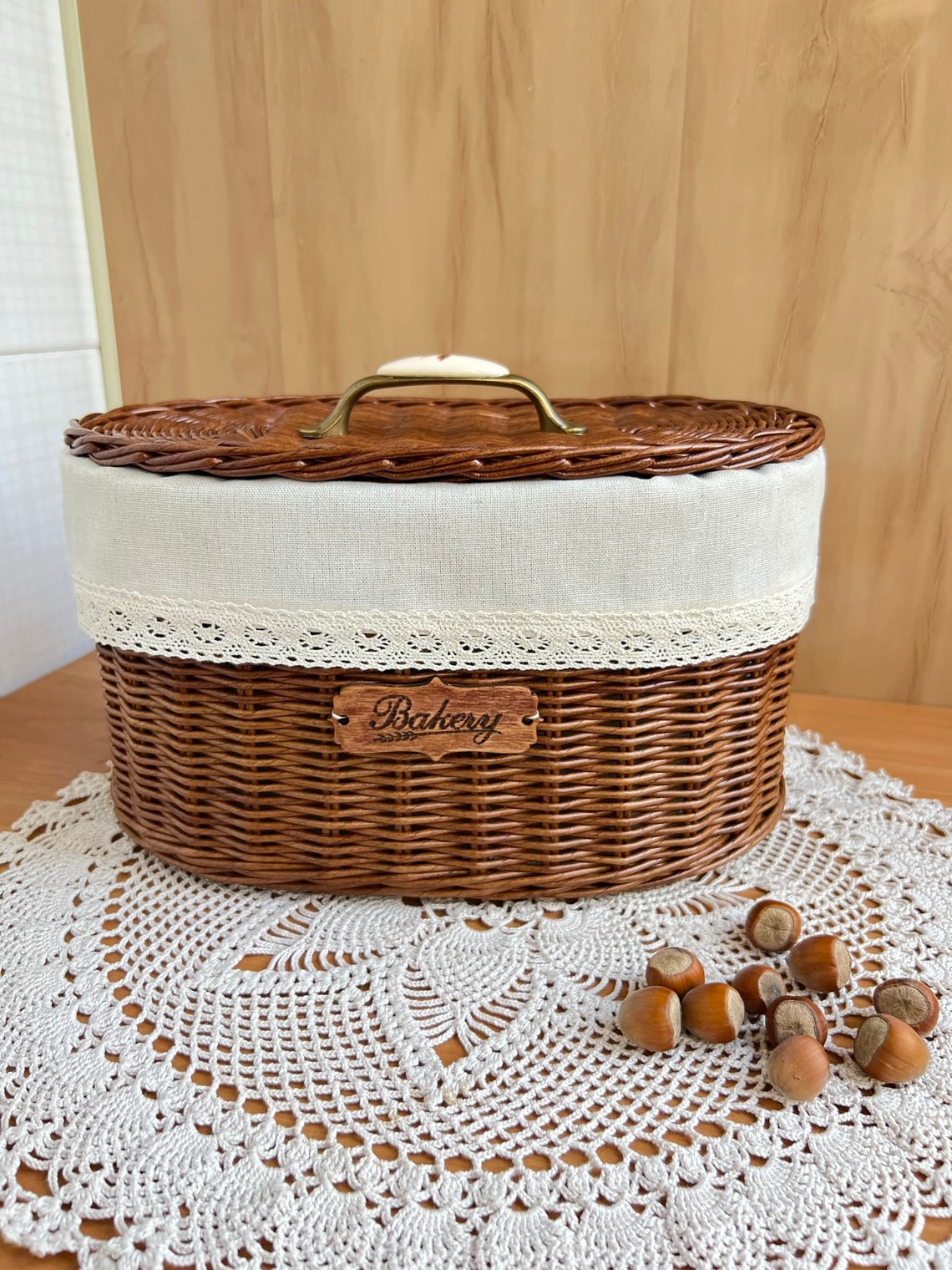 Farmhouse Bread Box Wicker Basket Box With Linen Bag Bread - Etsy