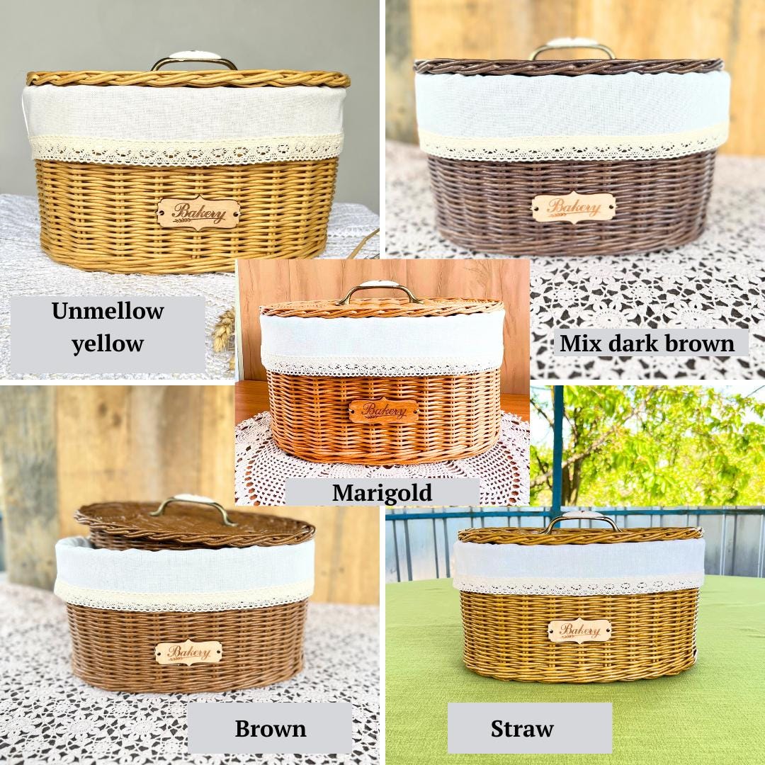 Farmhouse Bread Box, Wicker Basket Box With Linen Bag, Bread Box for ...