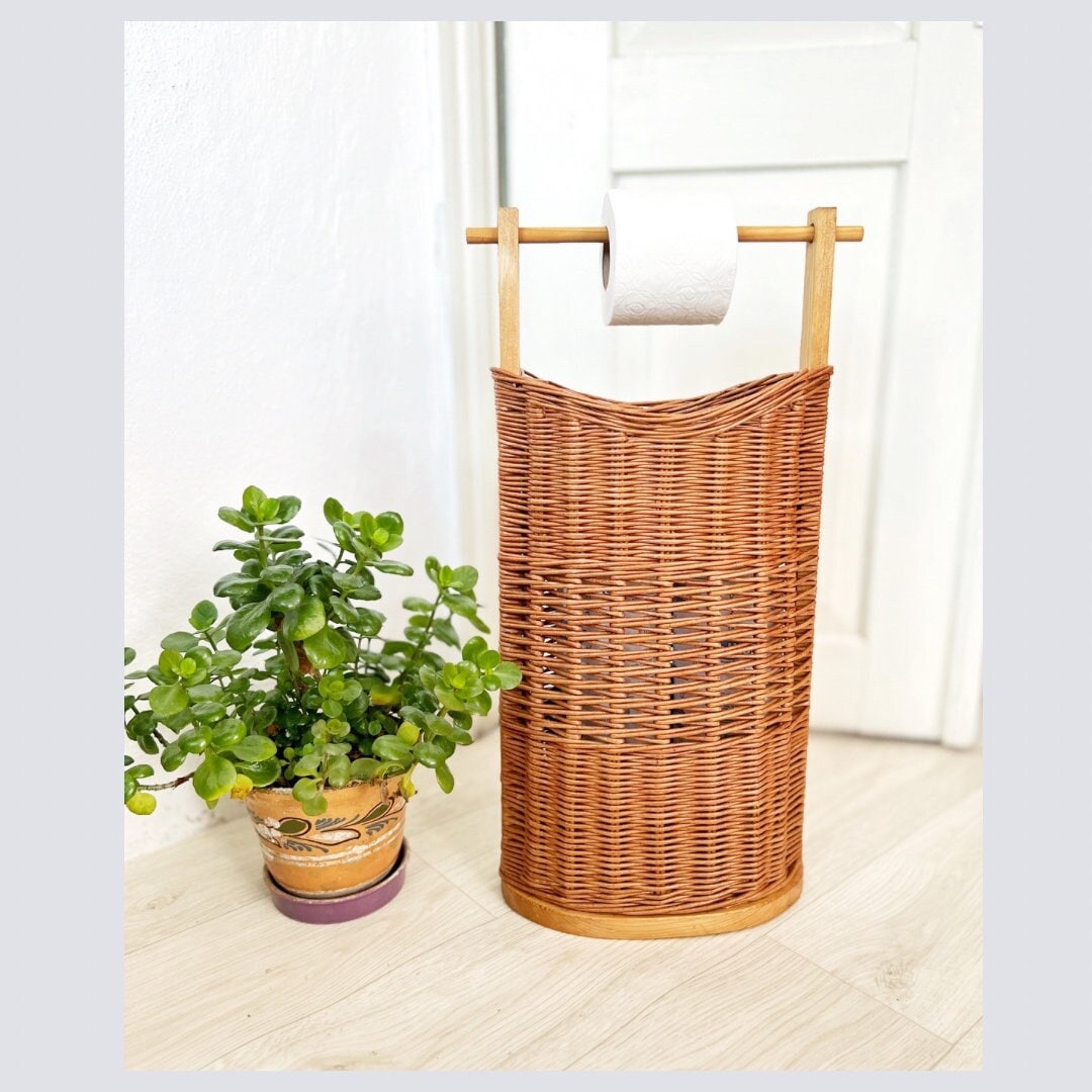 Wicker Toilet Paper Holder, Free Standing Bathroom Basket, Toilet ...