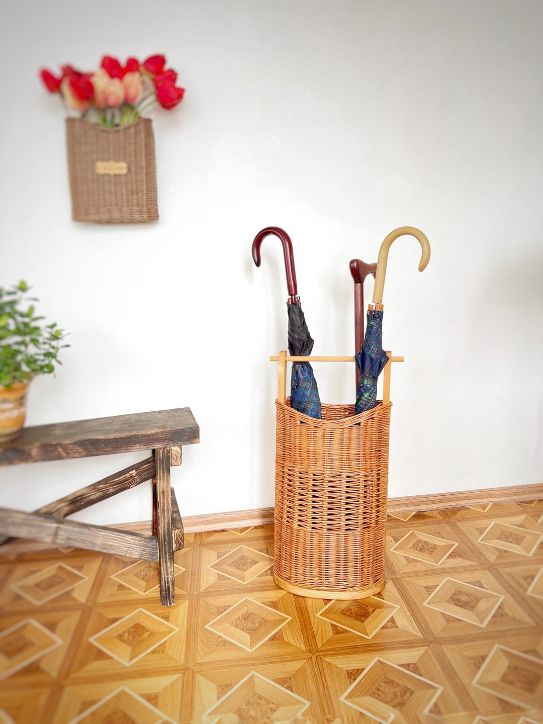 Wicker Umbrella Holder for Entryway Decor, Umbrella Stand Basket, Cane ...