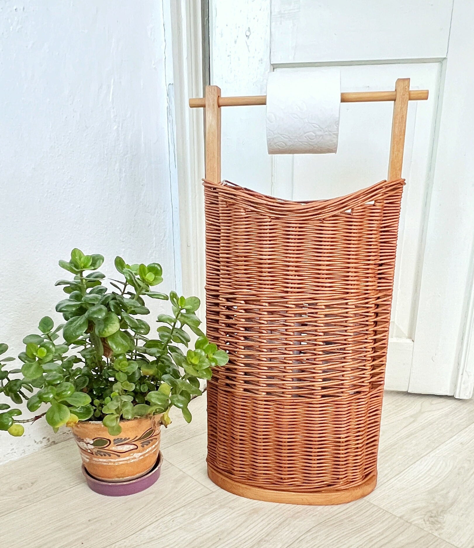 Wicker Toilet Paper Holder, Free Standing Bathroom Basket, Toilet ...
