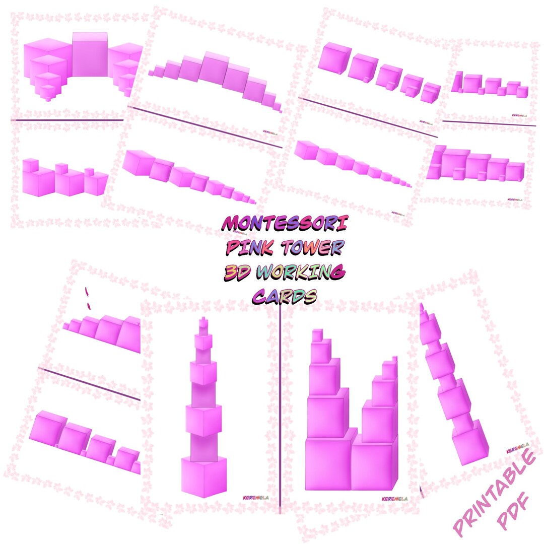 Montessori Pink Tower 3D Working Cards. 14 Different Combınatıon Card ...
