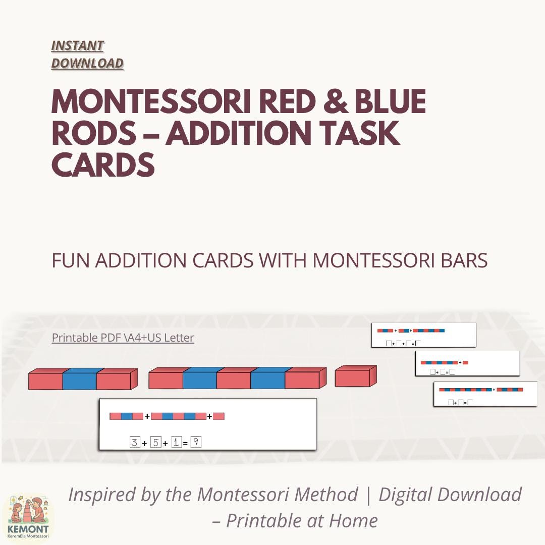 Montessori Addition Strips – Red Blue Rods Math Cards – Printable PDF ...