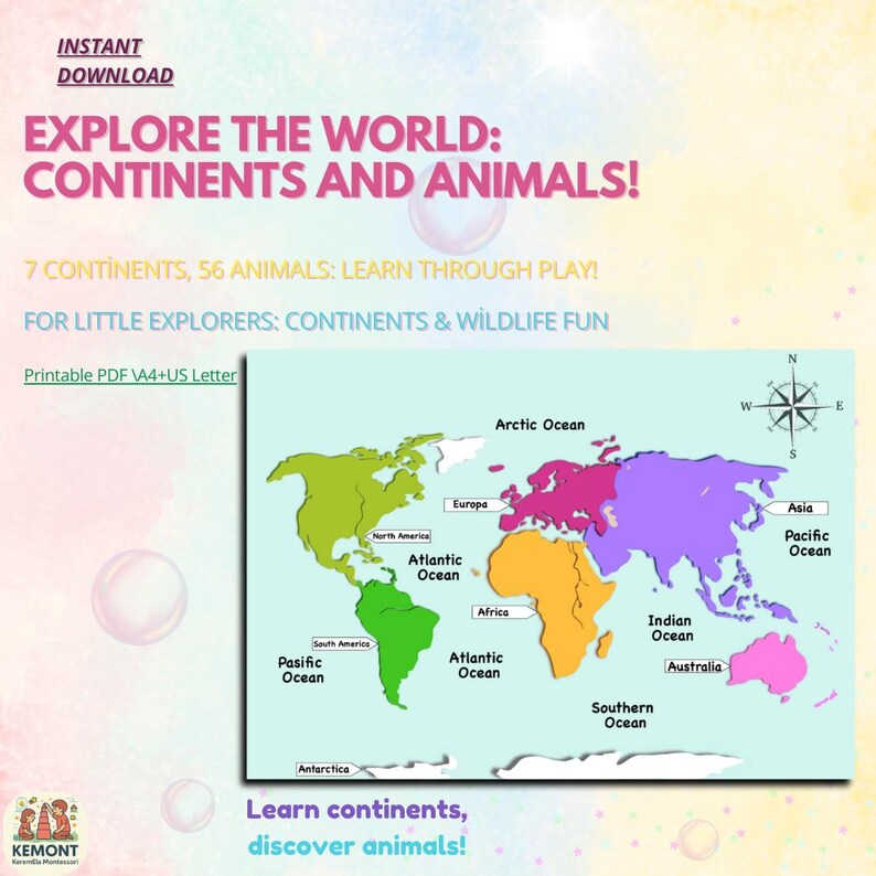 Continents and Animals Printable | Montessori World Map Activity ...