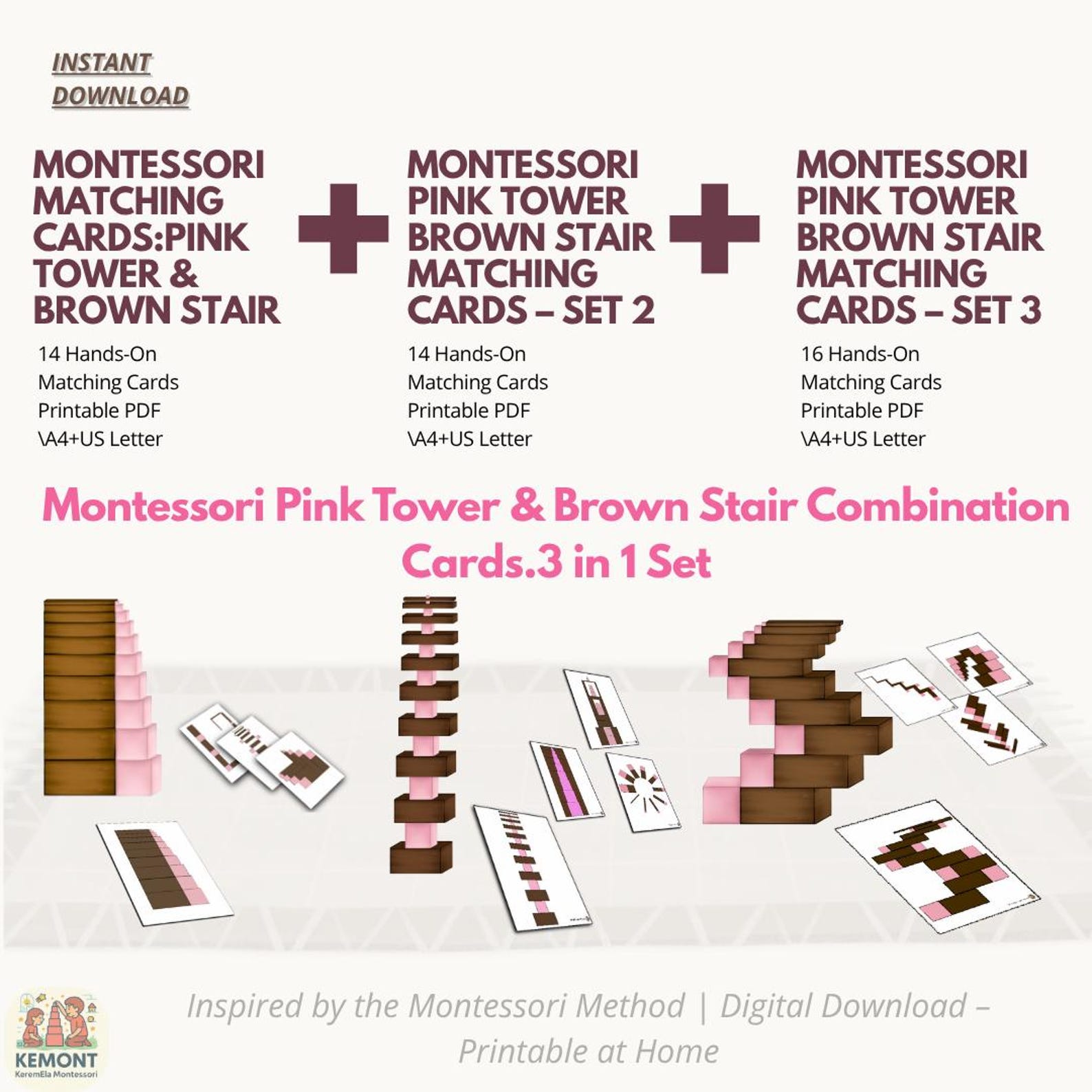 Montessori Pink Tower & Brown Stair Combo Cards | 3-in-1 Printable ...