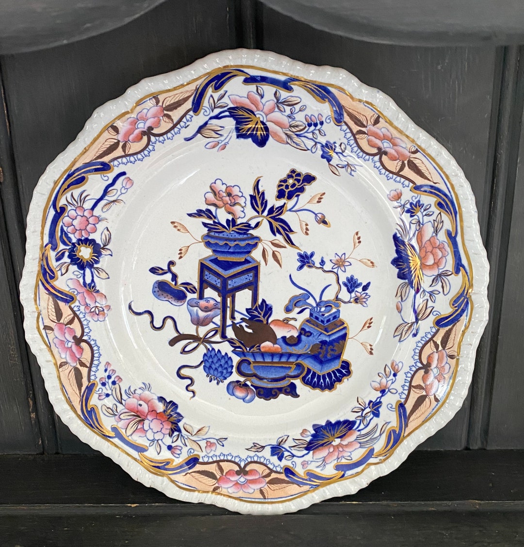 Antique Copeland Spode Plate in Blue, Pink and Gold - Etsy