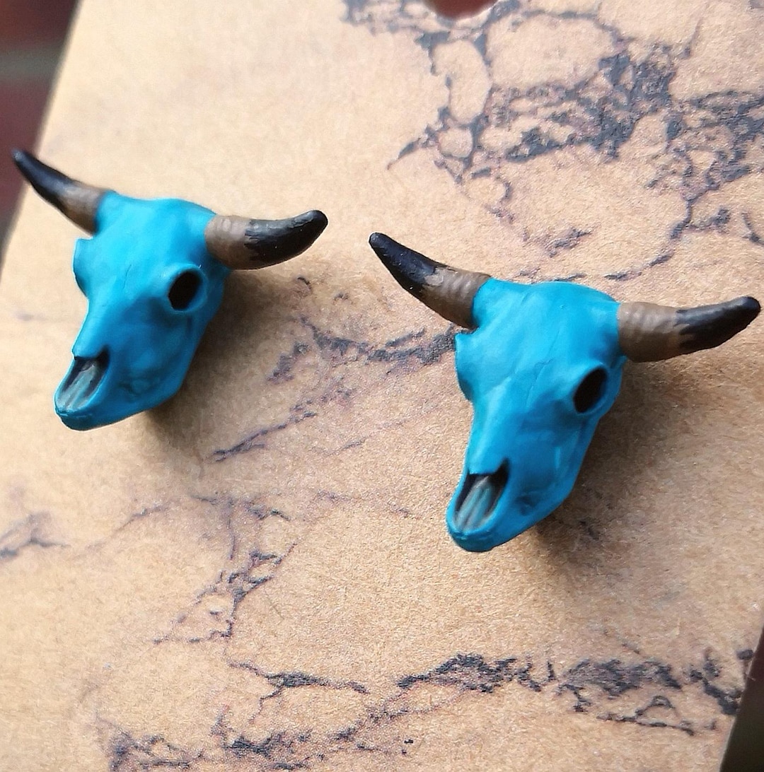 Hand Painted 3D Printed Stainless Steel & Resin Blue Bison Skull Push ...