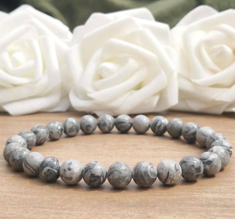 Grey Map Stone Bead Bracelet 8mm, Natural Grey Jasper Stretch Bracelet ...