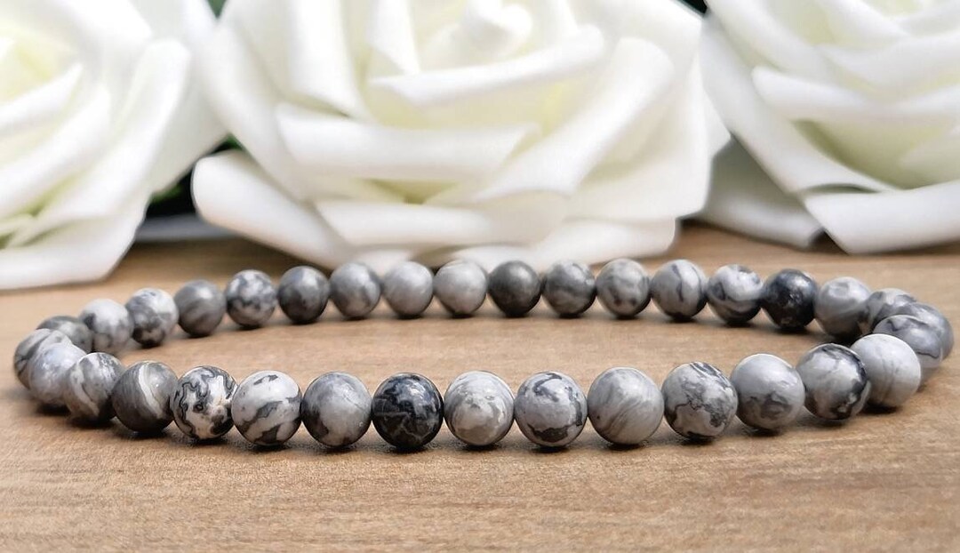 Grey Map Stone Bead Bracelet for Men, 6mm Dainty Map Stone Jasper ...