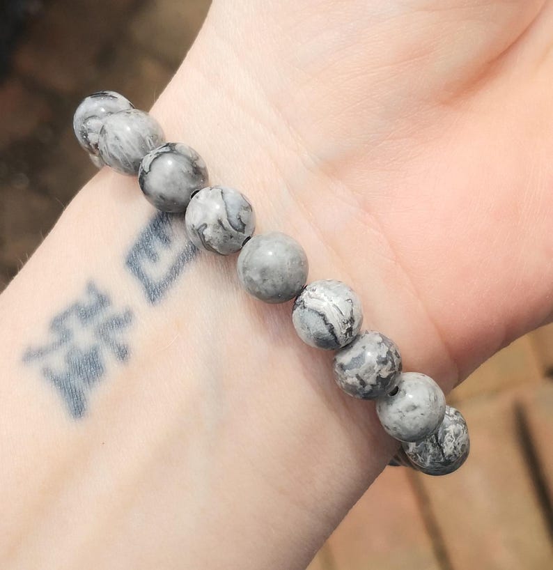Grey Map Stone Bead Bracelet 8mm, Natural Grey Jasper Stretch Bracelet ...