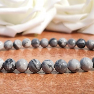 Grey Map Stone Bead Bracelet for Men, 6mm Dainty Map Stone Jasper ...