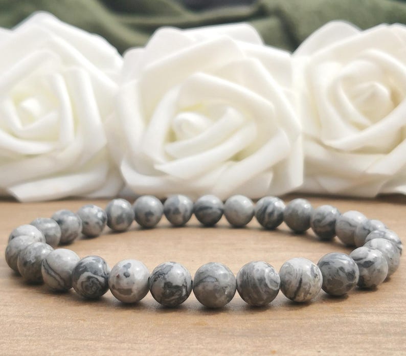 Grey Map Stone Bead Bracelet 8mm, Natural Grey Jasper Stretch Bracelet ...