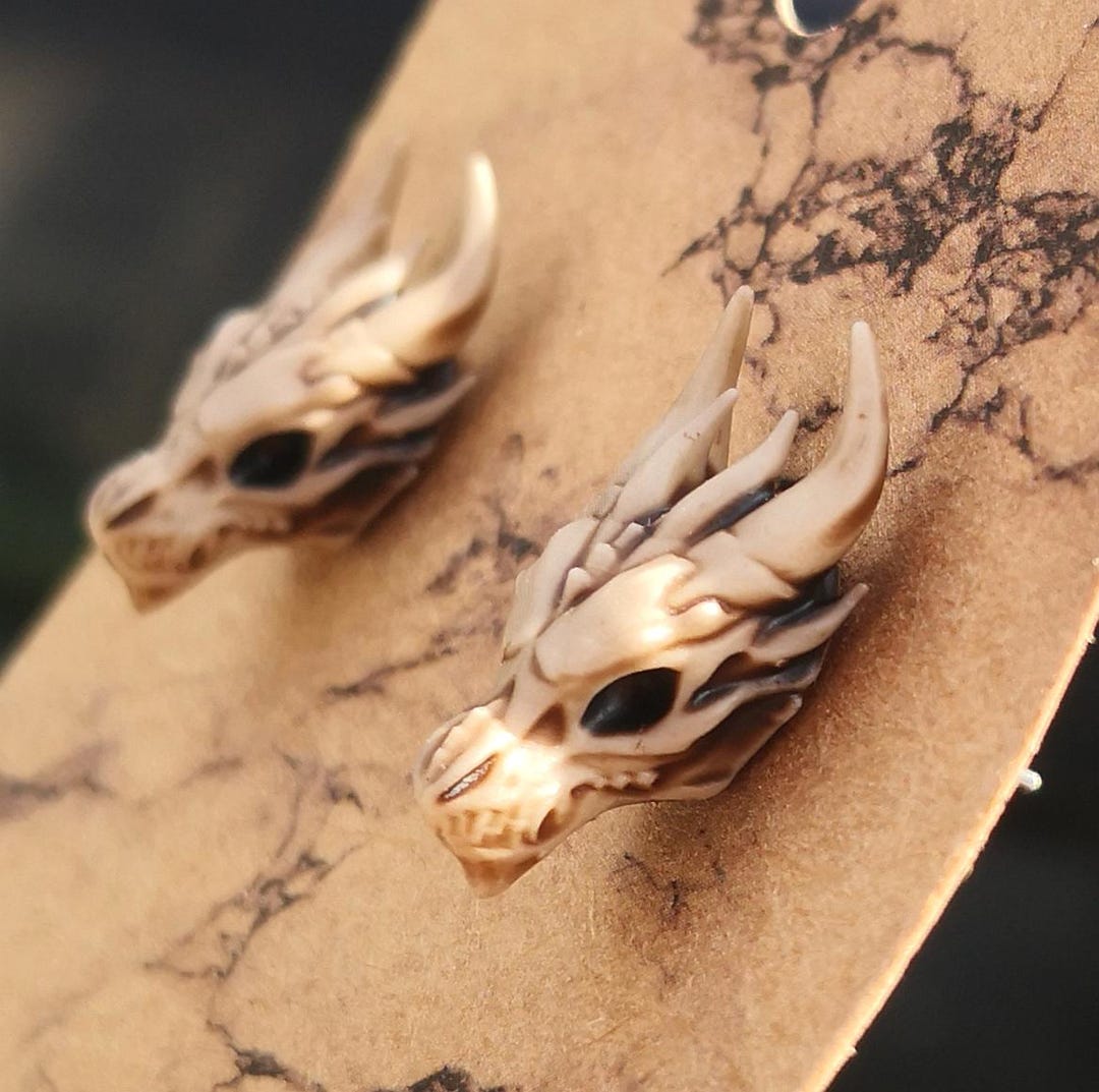 Hand Painted 3D Printed Dragon Skull Earrings, Stainless Steel & Resin ...