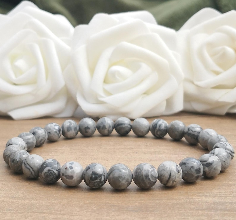 Grey Map Stone Bead Bracelet 8mm, Natural Grey Jasper Stretch Bracelet ...