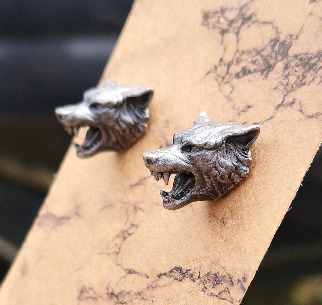 Hand Painted 3D Printed Stainless Steel & Resin Wolf Stud Earrings ...