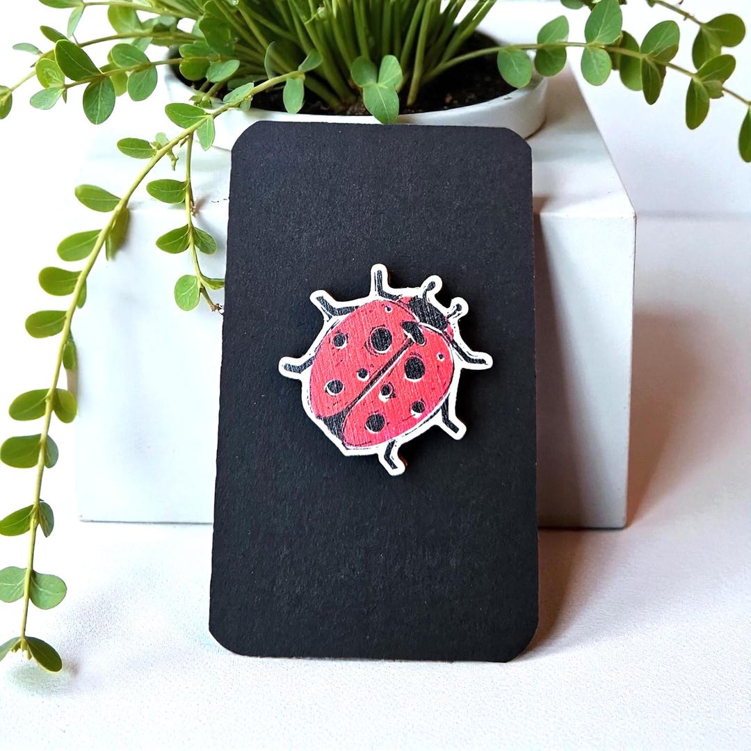 Ladybird Pin Badge - Wooden Brooch With Linocut Ladybird and Message ...