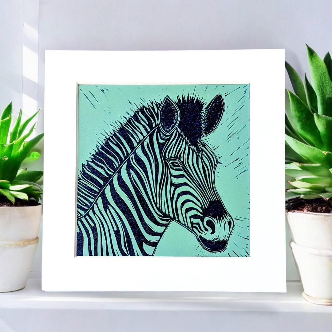 Hand Printed Zebra Linocut – Mounted Art Print, Colourful Wall Decor in ...