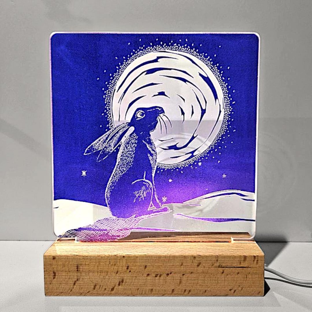 Moon Gazing Hare LED Lamp - Blue Lino Print Night Light or Lamp ...