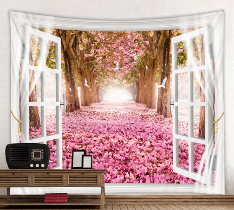 Pink Sakura Flower Window Tapestry Floral Cherry Blossom Tree - Etsy