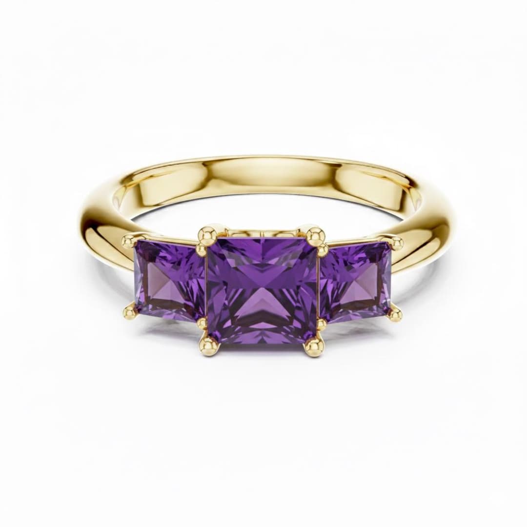 Princess Cut Amethyst Ring, Three Stone Engagement Ring - Etsy