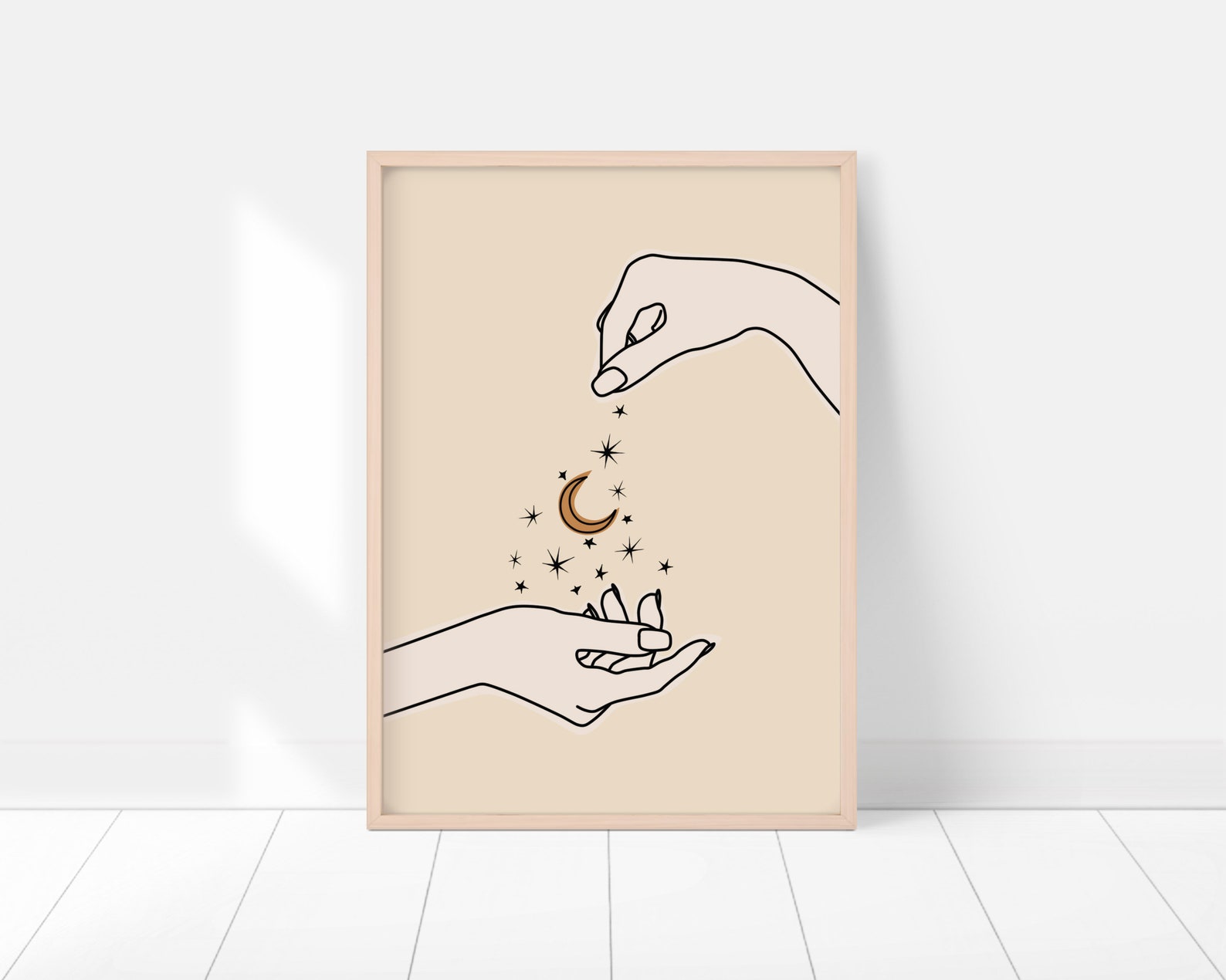 Hands Holding Moon Line Art, Celestial Line Drawing, Minimalist Boho ...