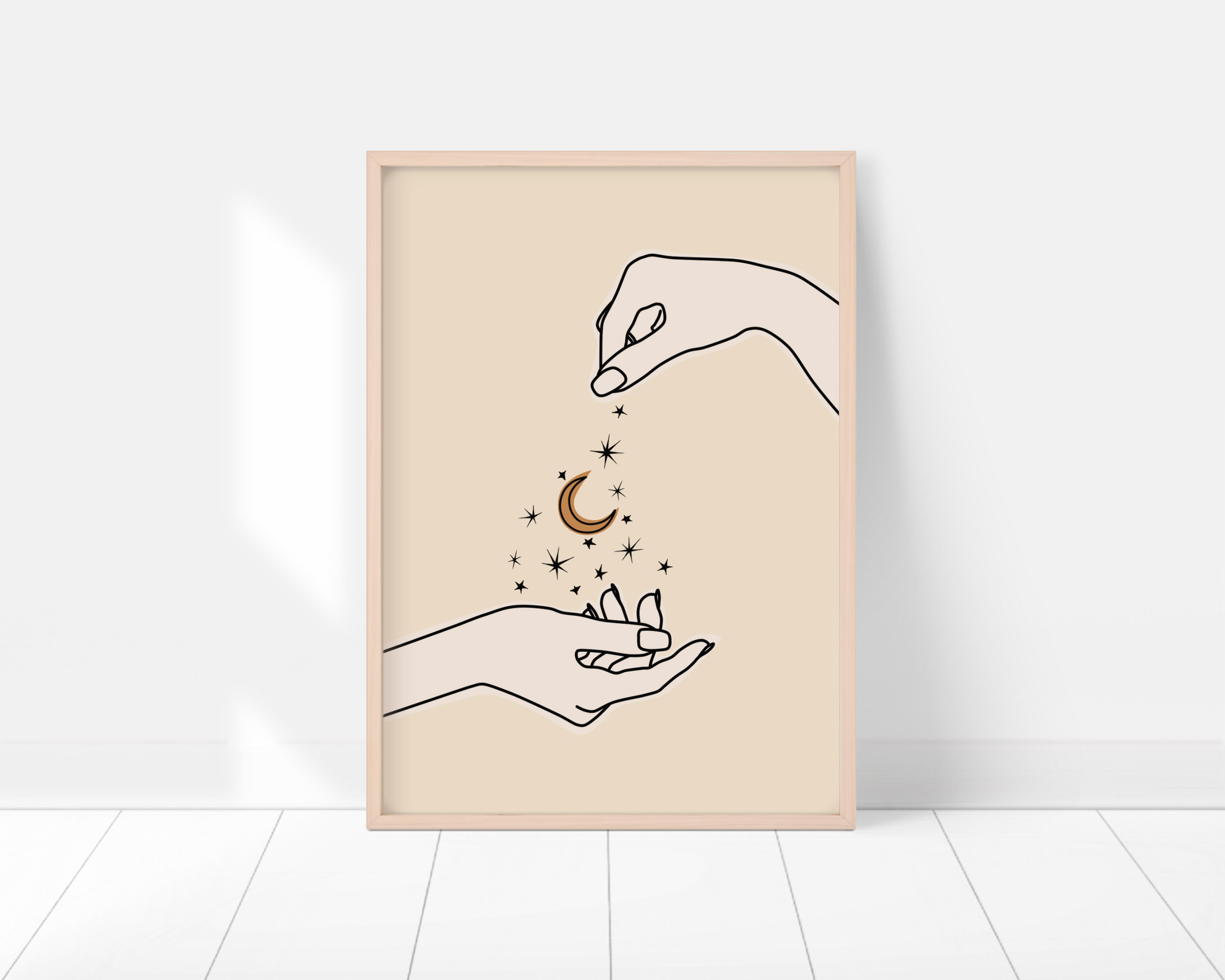 Hands Holding Moon Line Art, Celestial Line Drawing, Minimalist Boho ...