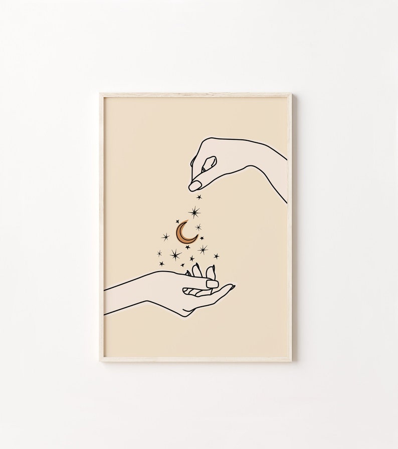 Hands Holding Moon Line Art, Celestial Line Drawing, Minimalist Boho ...