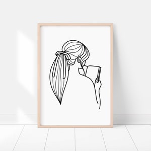 Reading Book Line Art, Woman and Book Print, Bookish Art, Woman Back ...