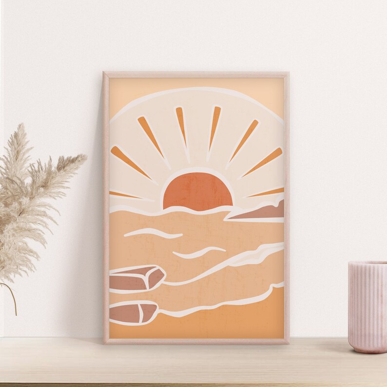 Boho Landscape Art Print Minimalist Sunset Line Drawing | Etsy
