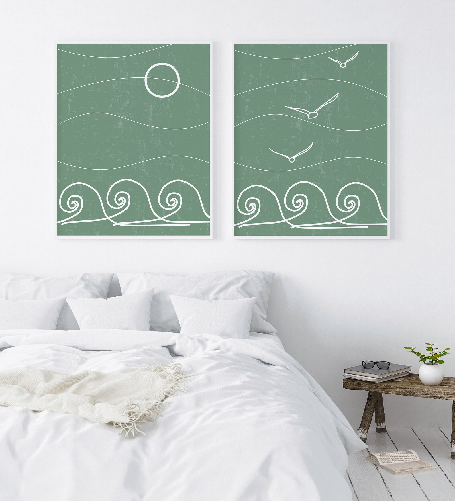 Sage Green Ocean Line Set of 2 Landscape Line Drawing - Etsy