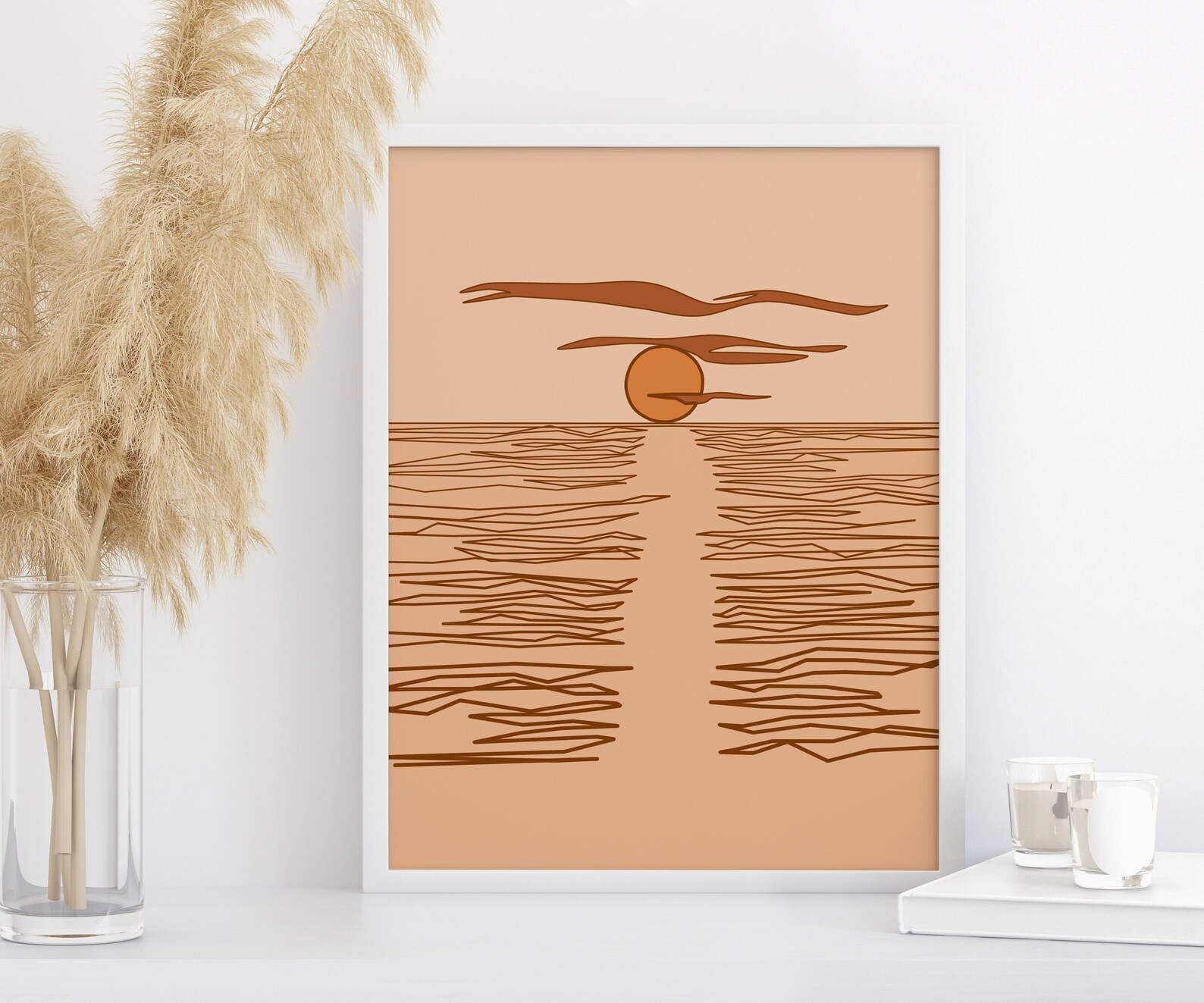 Boho Sunset Wall Art Minimalist Landscape Print Ocean Line | Etsy