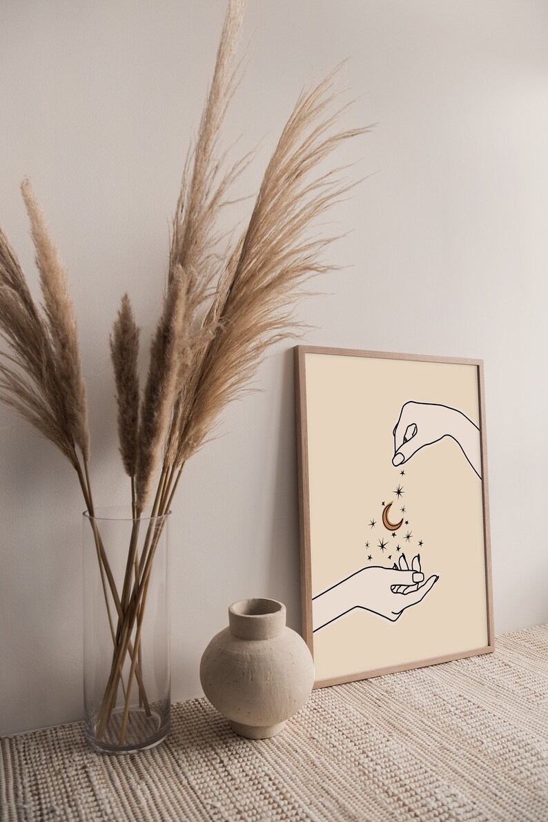 Hands Holding Moon Line Art, Celestial Line Drawing, Minimalist Boho ...
