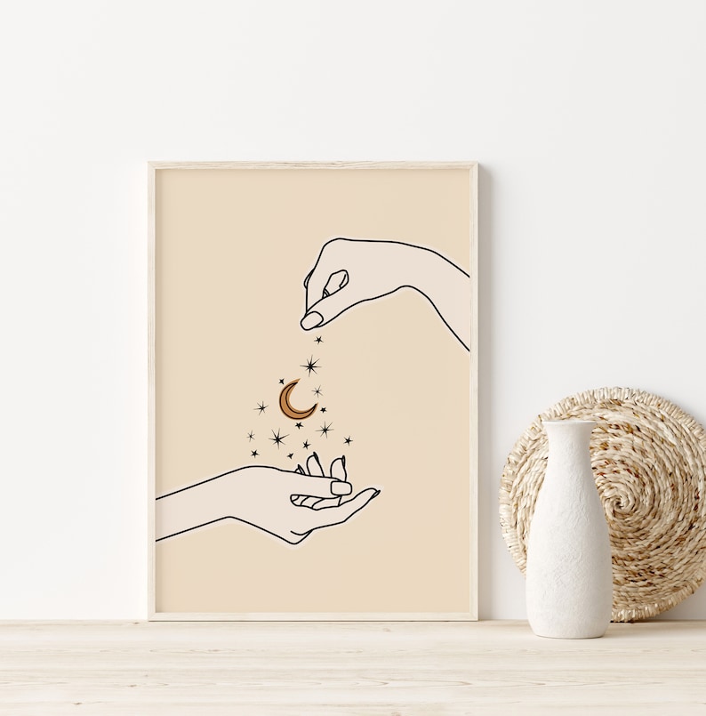 Hands Holding Moon Line Art, Celestial Line Drawing, Minimalist Boho ...
