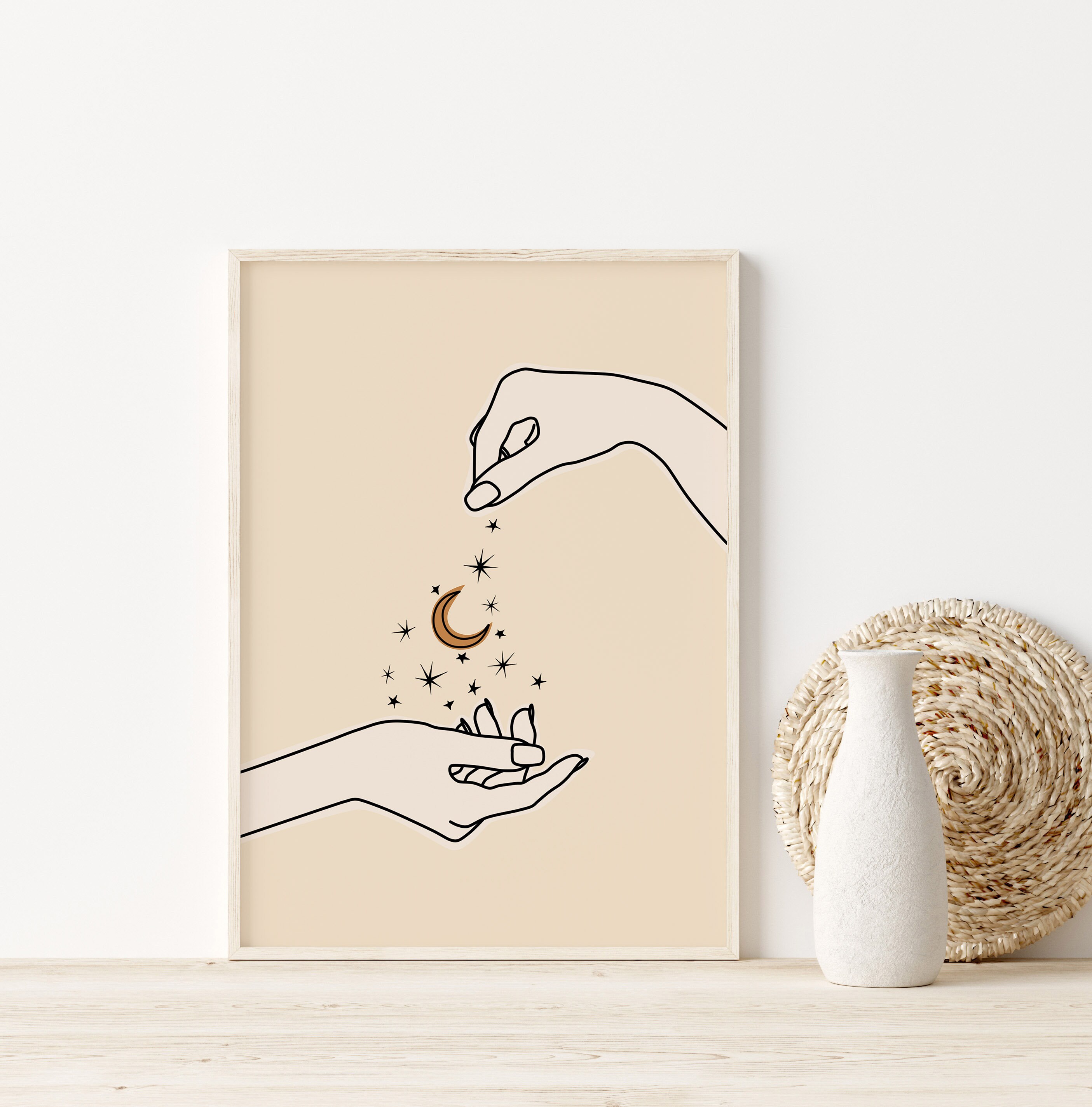 Hands Holding Moon Line Art, Celestial Line Drawing, Minimalist Boho ...