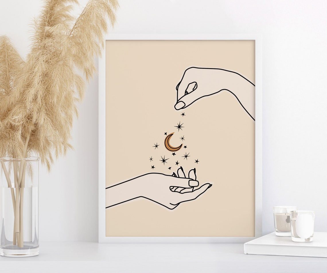 Hands Holding Moon Line Art, Celestial Line Drawing, Minimalist Boho ...