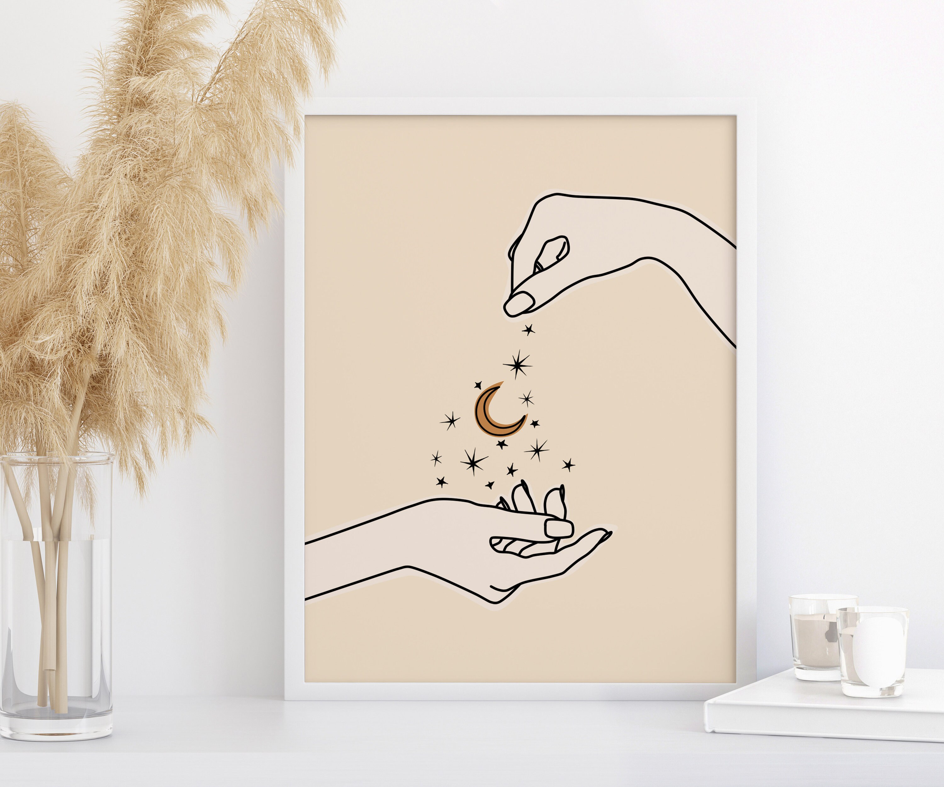 Hands Holding Moon Line Art, Celestial Line Drawing, Minimalist Boho ...