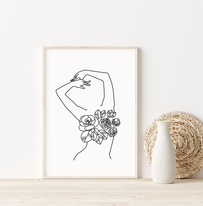 Flower Woman Line Art Floral Body Print Feminine Wall Art - Etsy