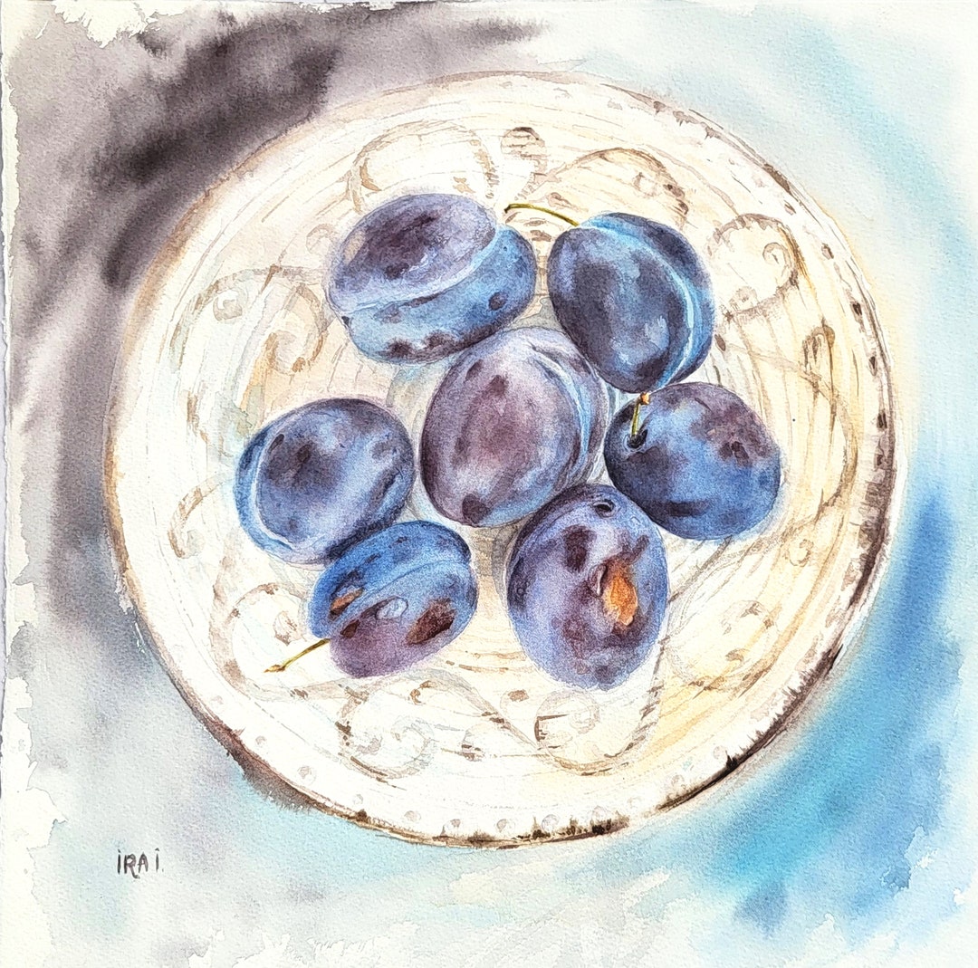 Original Plum Still Life: Hand-painted Watercolor Kitchen Art 14x13" - Etsy