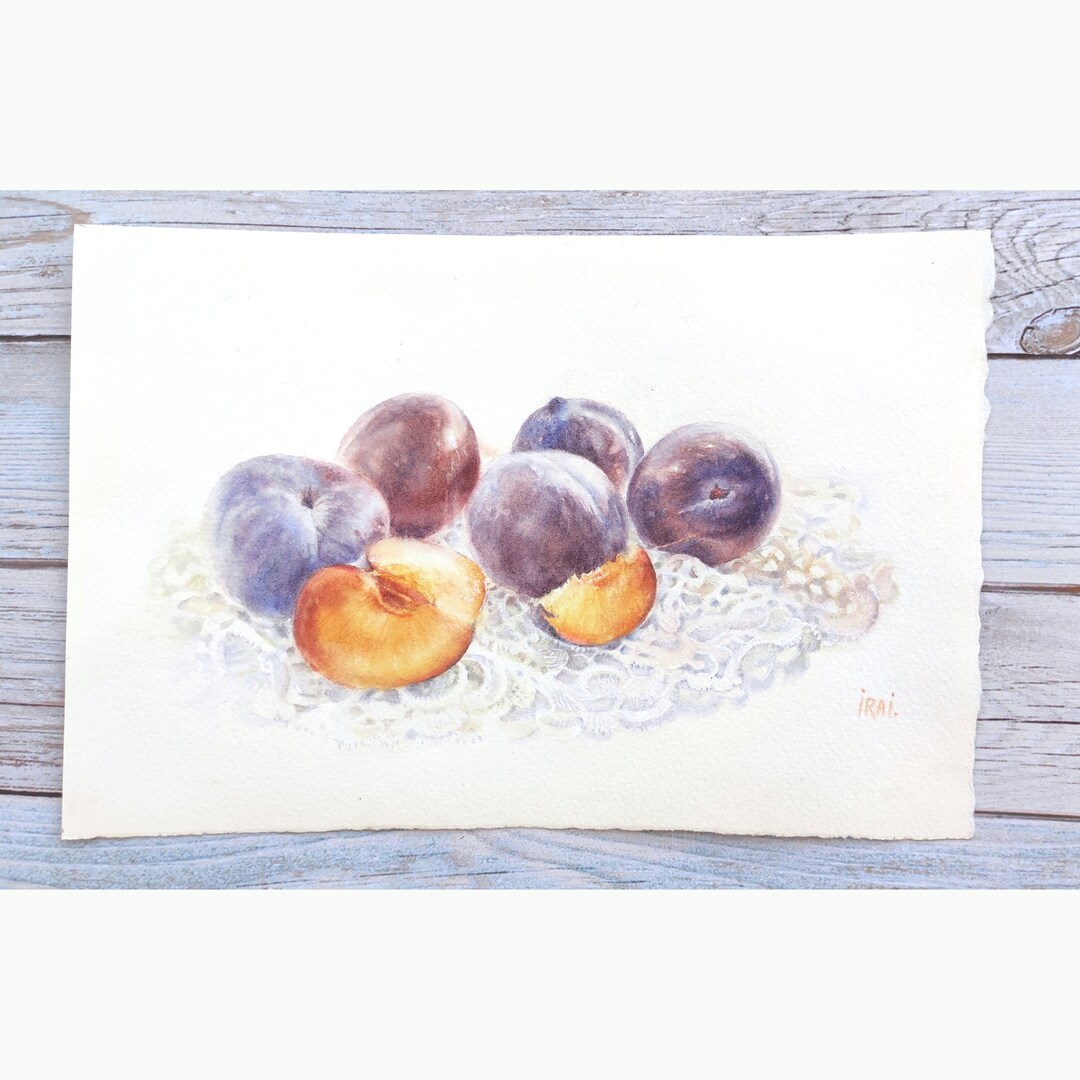 Original Plum Still Life, Hand Painted Watercolor Art - Etsy