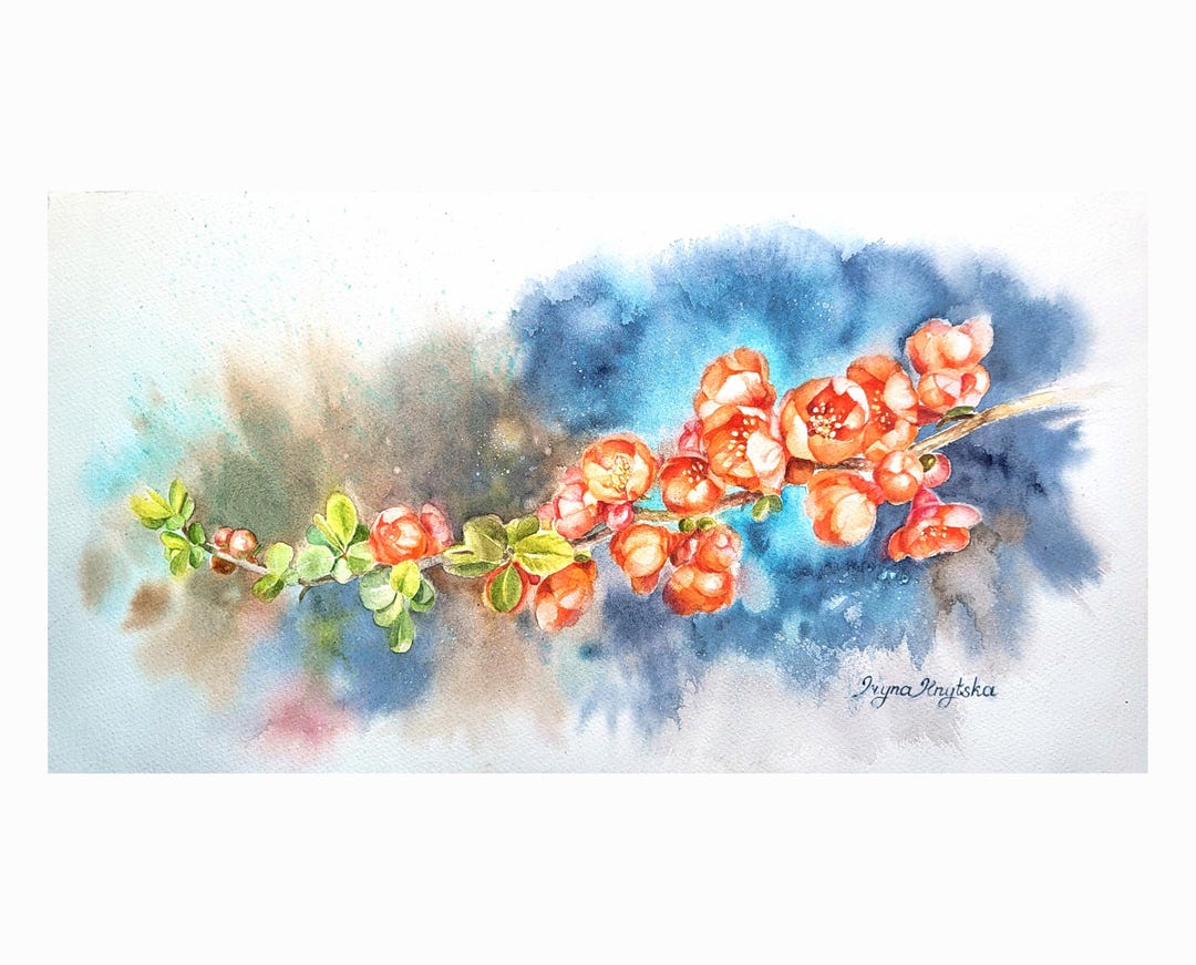 Japanese Quince Branch Original Watercolor on Paper 18x9" Not Print - Etsy