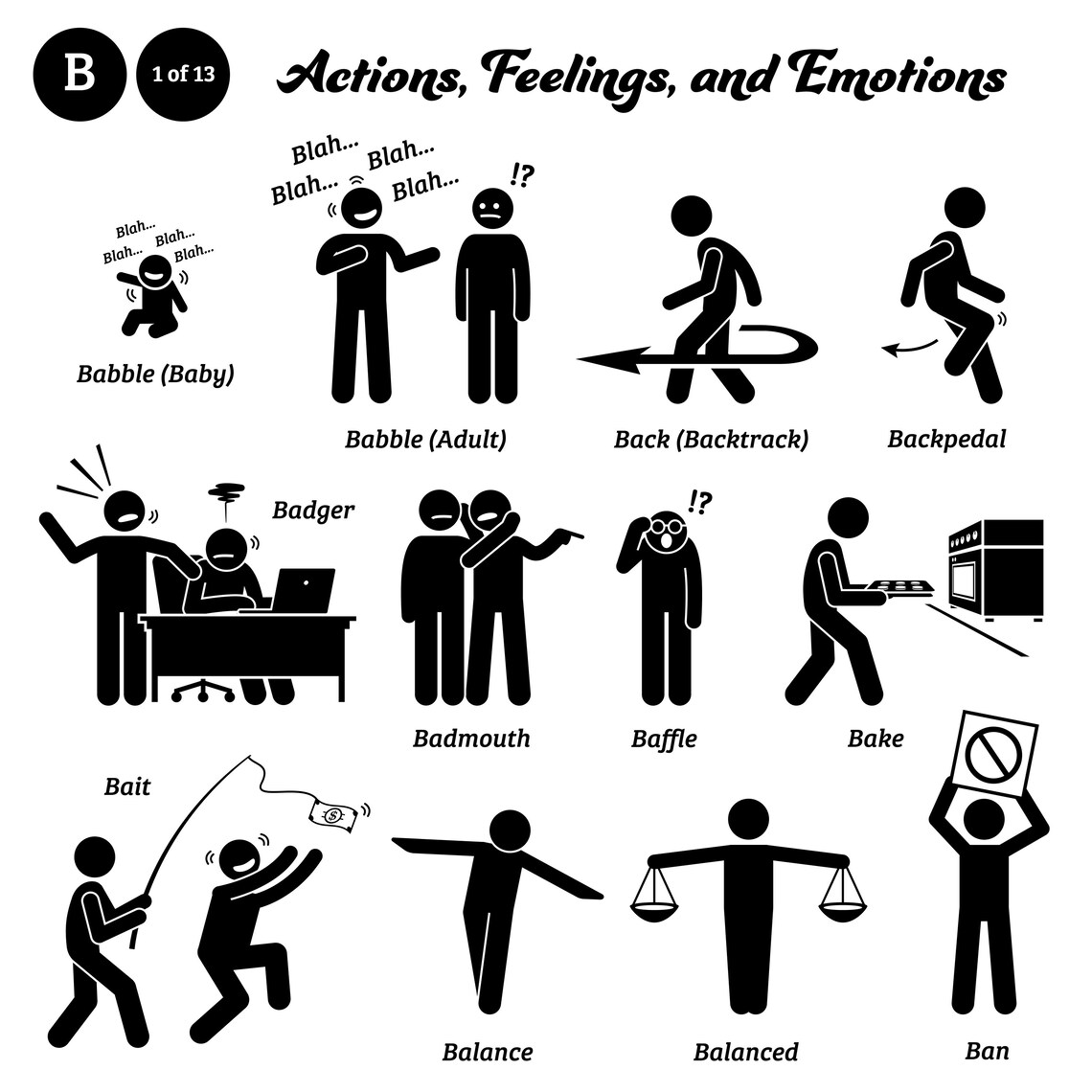 Stick Figures Man People Stickman Silhouette Action Verbs B Vector SVG ...