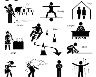 Stick Figures Man People Stickman Silhouette Action Verbs F Vector SVG ...